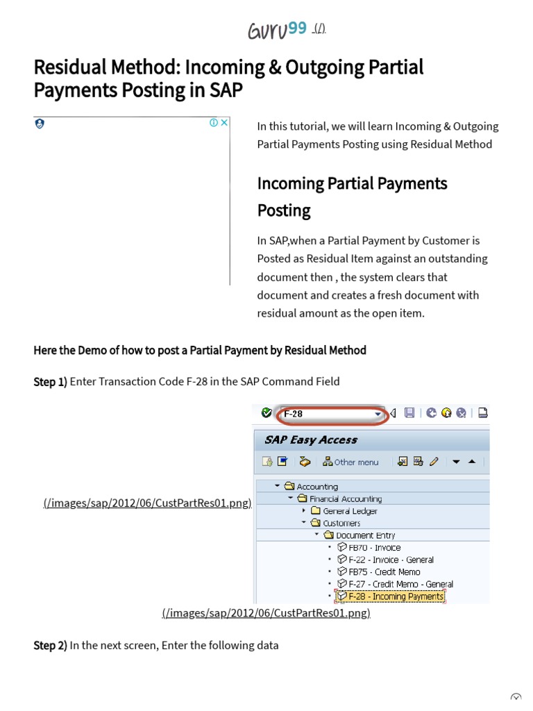 Residual Method - Incoming & Outgoing Partial Payments Posting in SAP ...