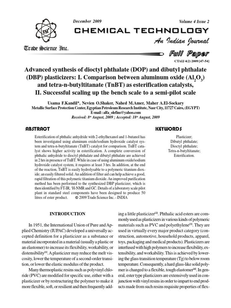 Advanced Synthesis of Dioctyl Phthalate Dop and Dibutyl Phthalate DBP ...