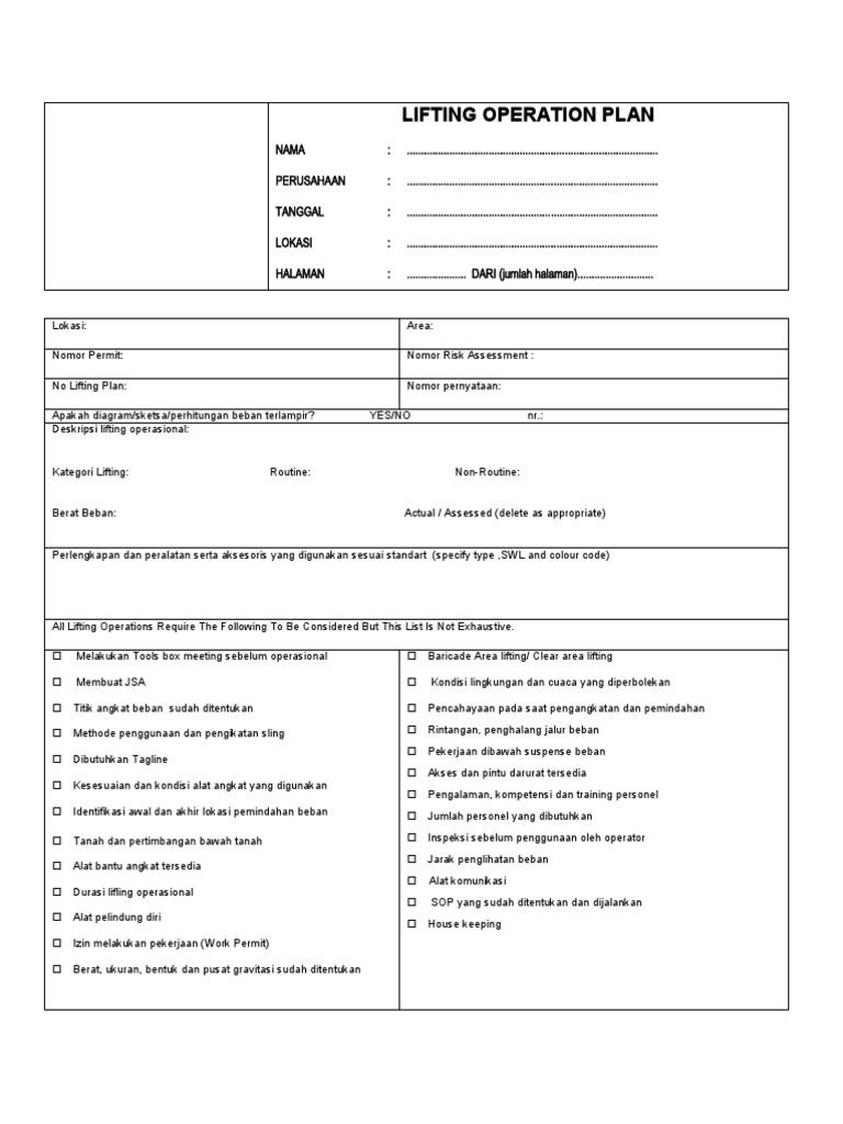 Lifting Operation Plan - Bahasa | PDF