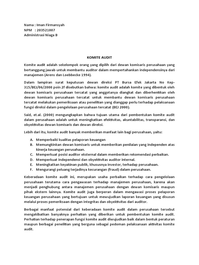 KOMITE AUDIT DAN REMUNERASI DALAM PERUSAHAAN | PDF