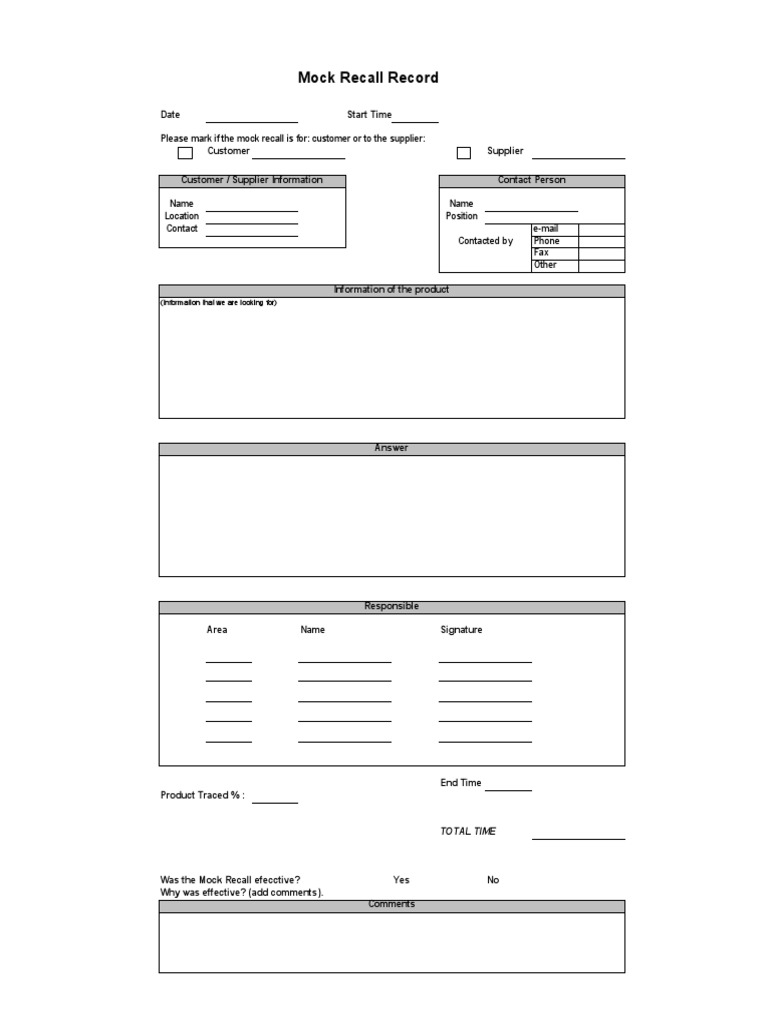 Mock Recall Record Sample | PDF