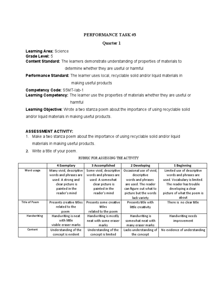 Performance Task Science Q1-#3 | PDF | Poetry | Word