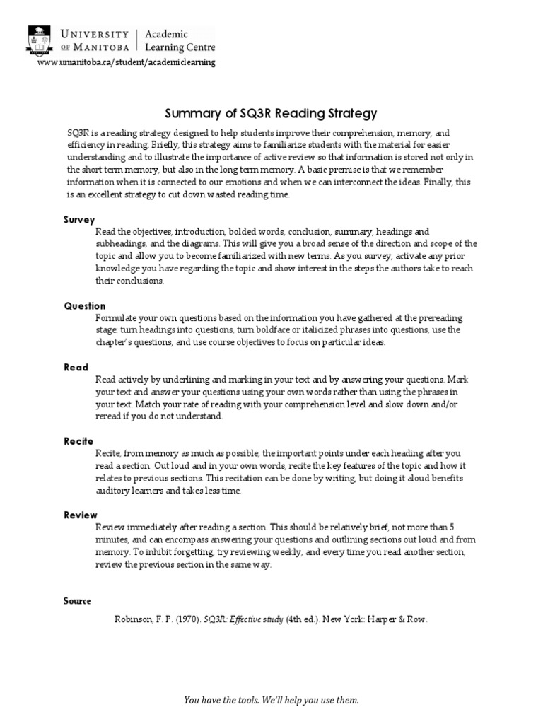Summary of SQ3R Reading Strategy: Survey | PDF | Reading Comprehension ...