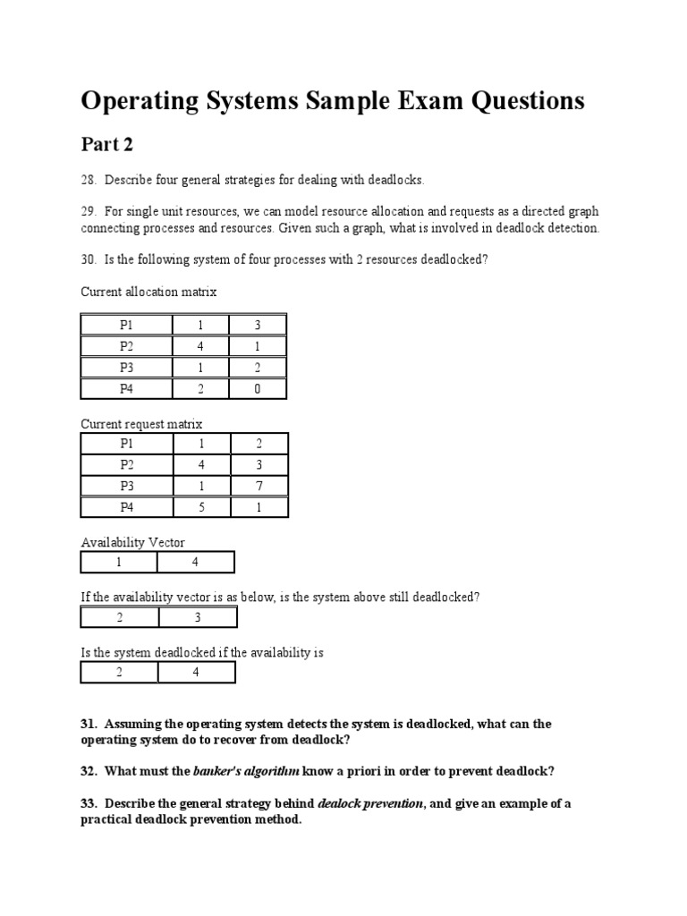 Operating Systems Fundamentals: Sample Exam Questions Covering Deadlocks, Filesystems, Memory ...