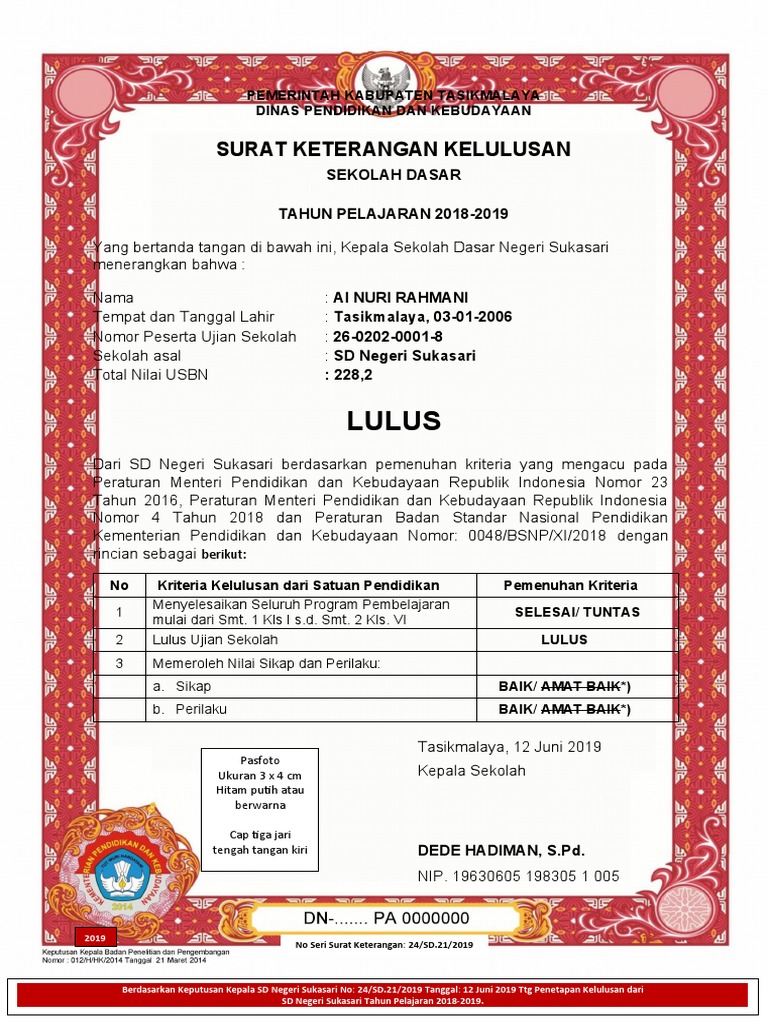 Surat Keterangan Lulus SD 2019 | PDF