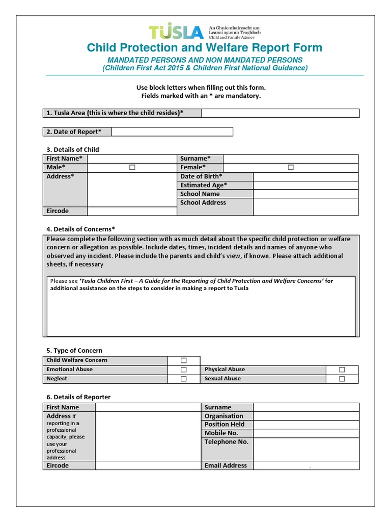 Child Protection and Welfare Report Form FINAL | PDF | Child Protection ...