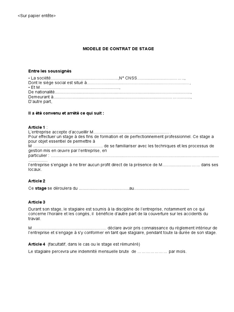 Modèle de Contrat de Stage Professionnel | PDF | Finance et gestion ...