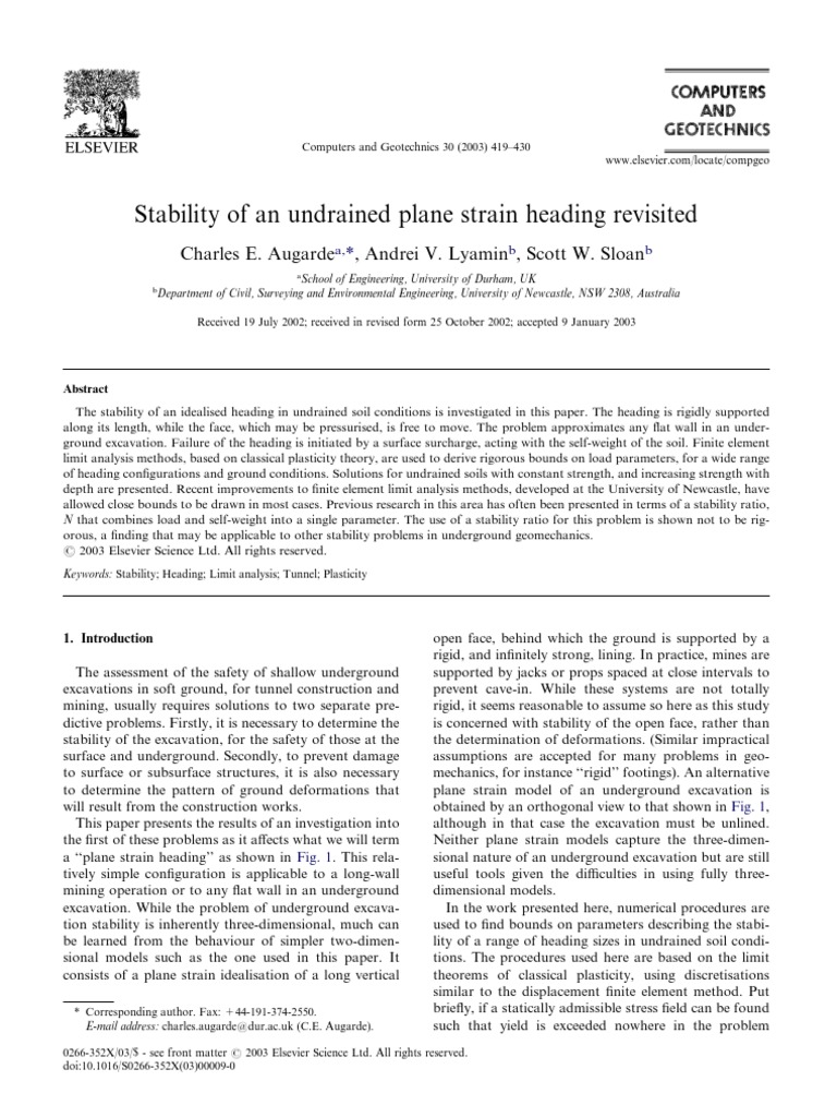Augarde Et Al. - Stability of An Undrained Plane Strain Heading Revisited | PDF | Finite Element ...