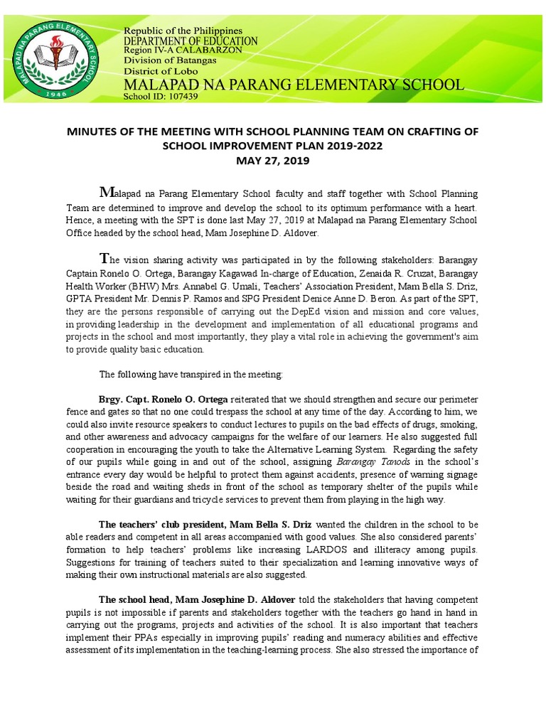 SPT Meeting Minutes on SIP 2019-2022 | PDF | Teachers | Further Education