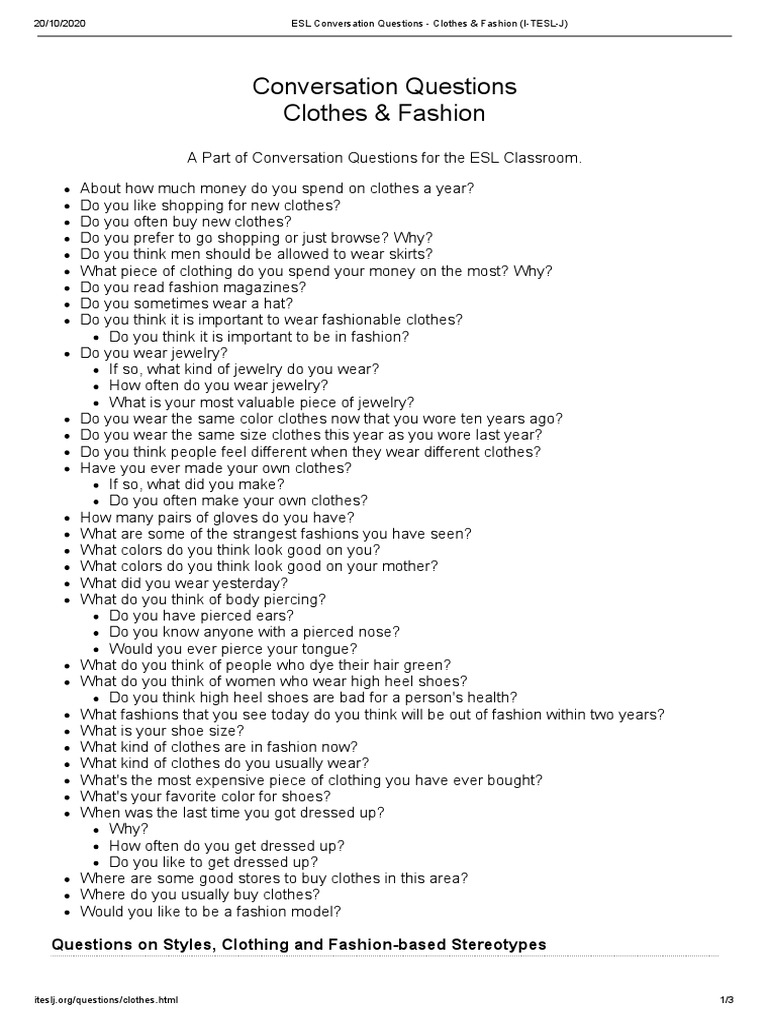 ESL Conversation Questions - Clothes & Fashion (I-TESL-J) | PDF ...