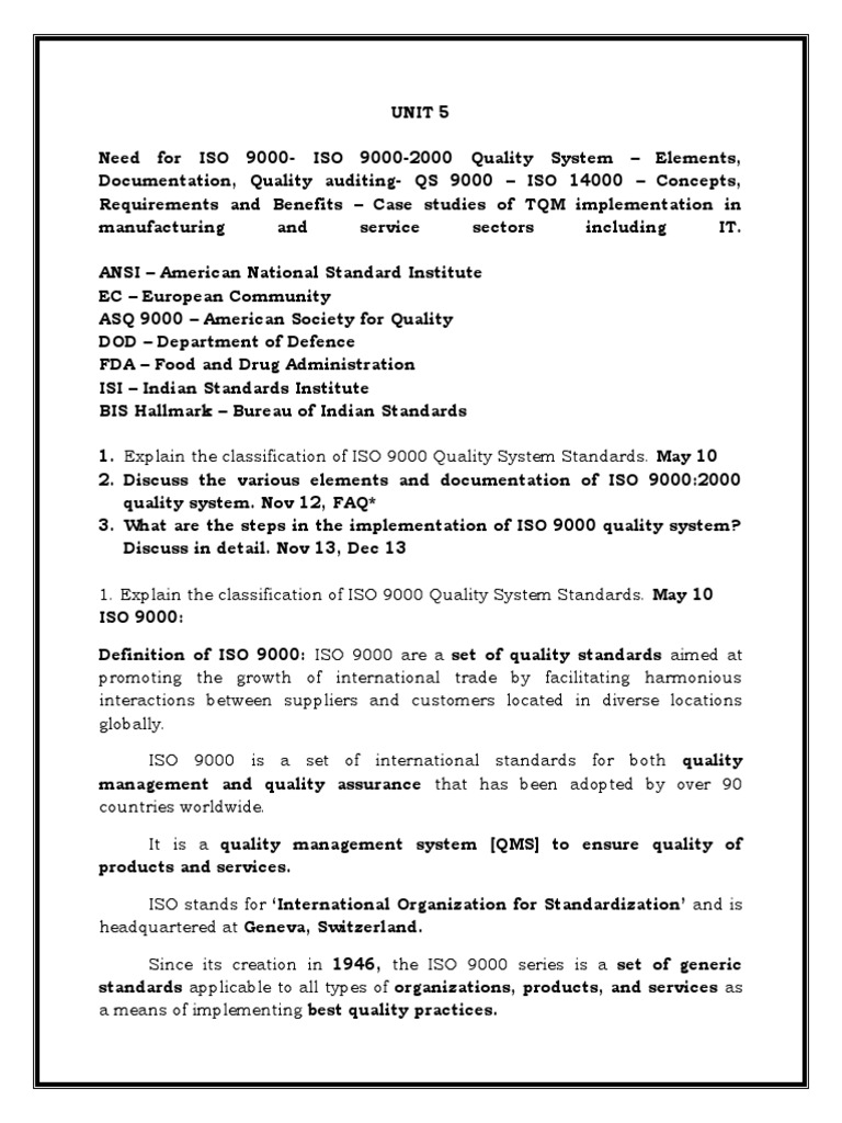 Unit 5 TQM Notes | PDF | Iso 9000 | Quality Management System