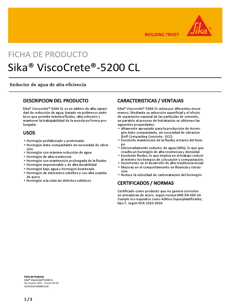 Sika Viscocrete - 5200cl | PDF | Hormigón | Materiales de construcción