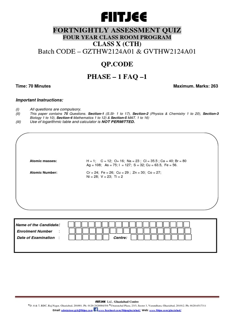 Fiitjee Fiitjee Fiitjee Fiitjee: Fortnightly Assessment Quiz | PDF ...