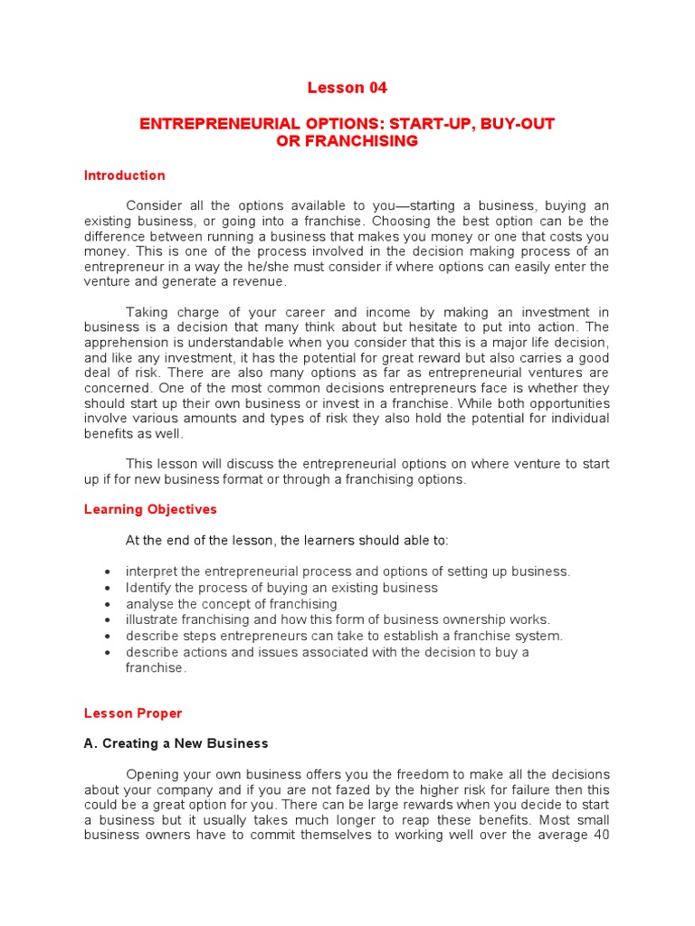 Lesson 04 Entrepreneurial Options: Start-Up, Buy-Out or Franchising ...