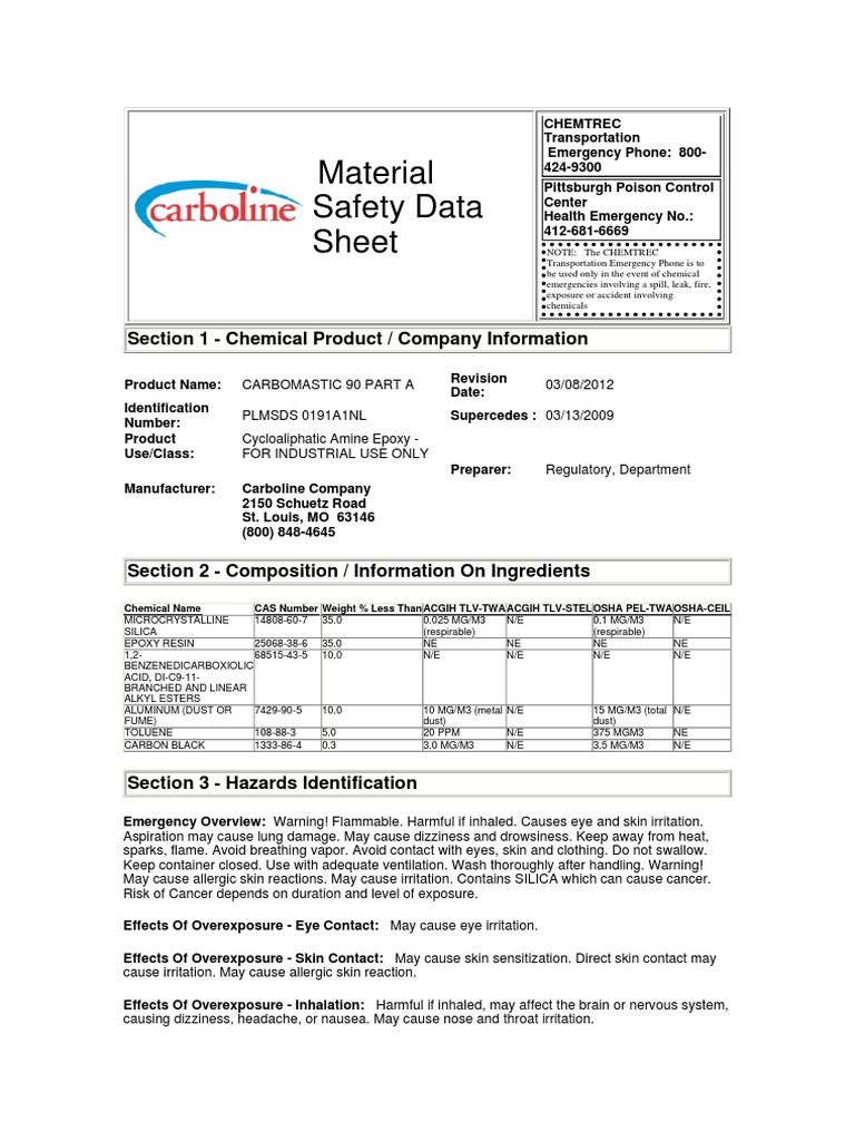 Carbomastic 90 MSDS Part A | PDF | Firefighting | Silicon Dioxide