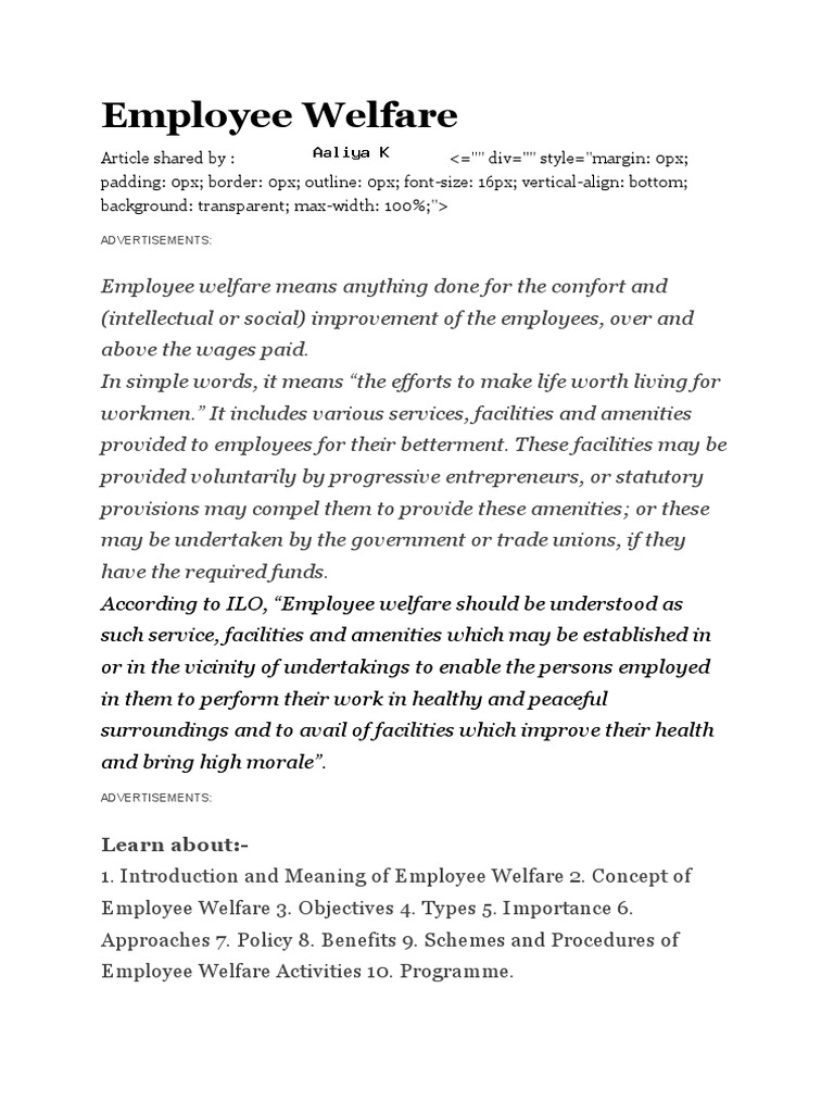 A Comprehensive Overview of Employee Welfare: Concepts, Approaches ...