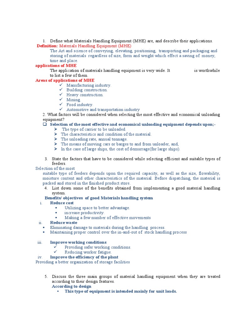 Definition: Materials Handling Equipment (MHE) : Benefits/ Objectives ...
