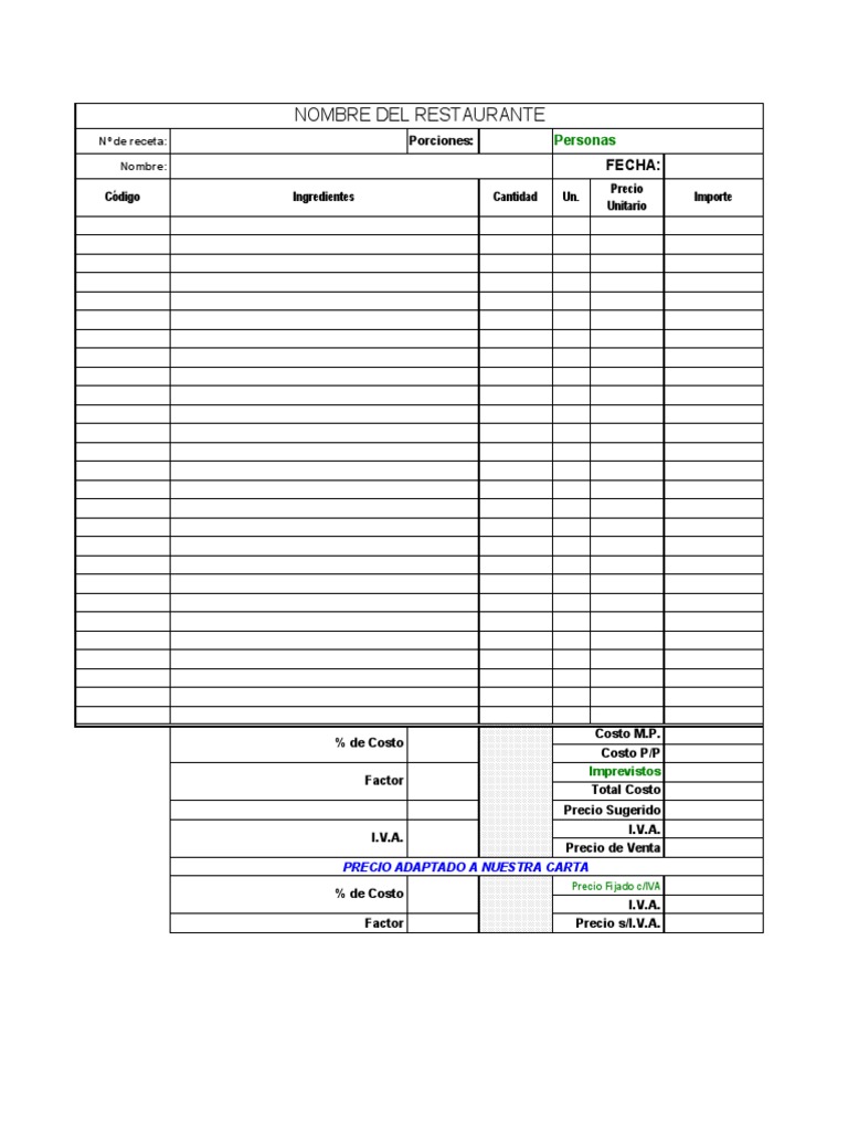 Formato Costeo Recetas | PDF | Business | Alimentos