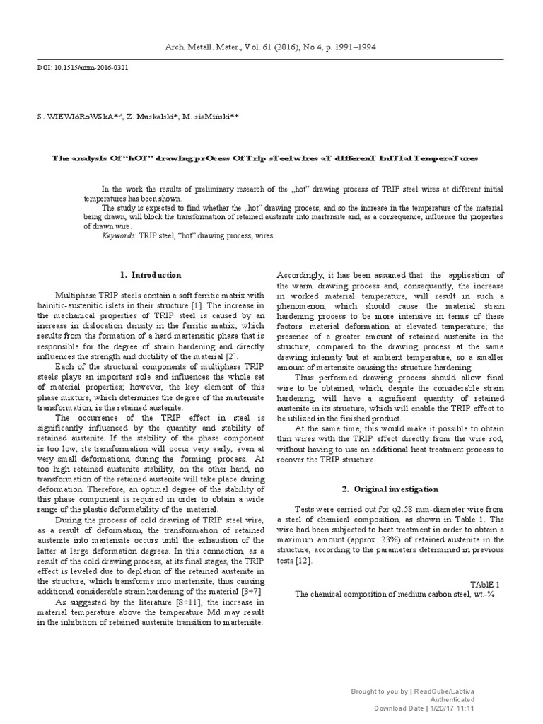 Keywords: TRIP Steel, "Hot" Drawing Process, Wires | PDF | Steel ...