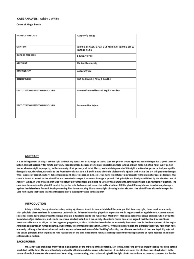 Ashby v White establishes right to remedy | PDF | Damages | Tort