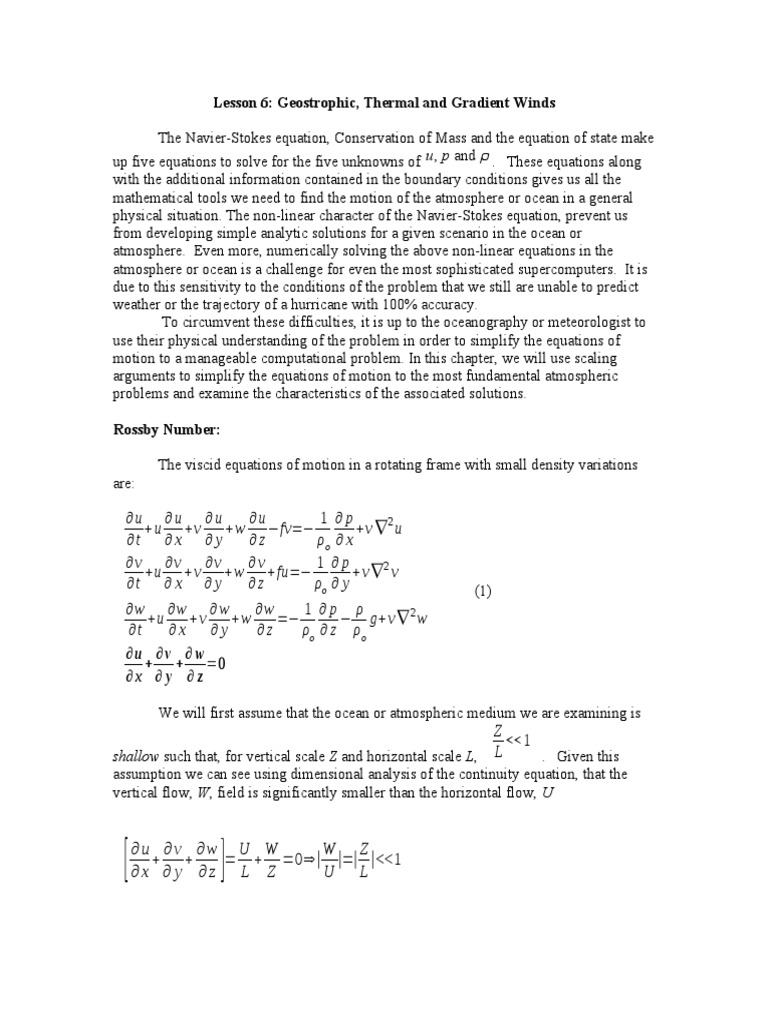 Lesson 6: Geostrophic, Thermal and Gradient Winds: U X V y W Z | PDF | Reynolds Number ...