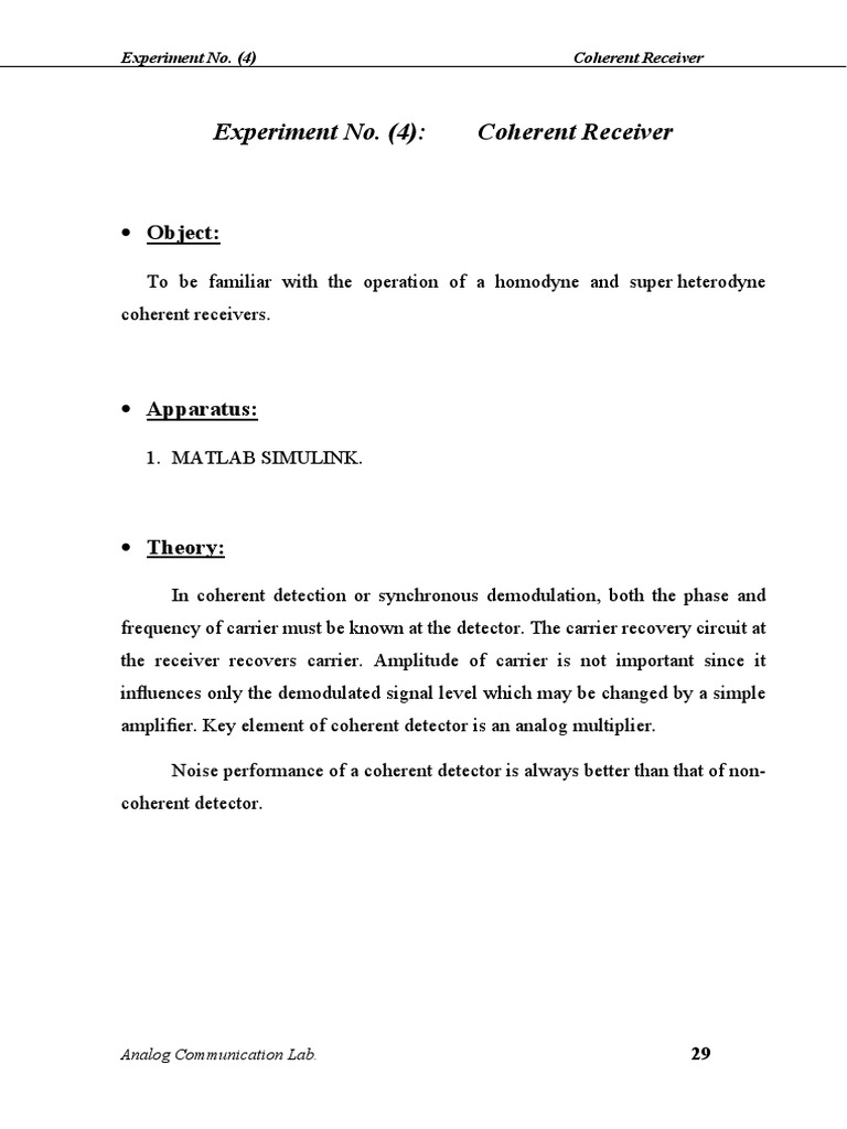 Experiment No. (4) : Coherent Receiver: Object | PDF | Detector (Radio ...