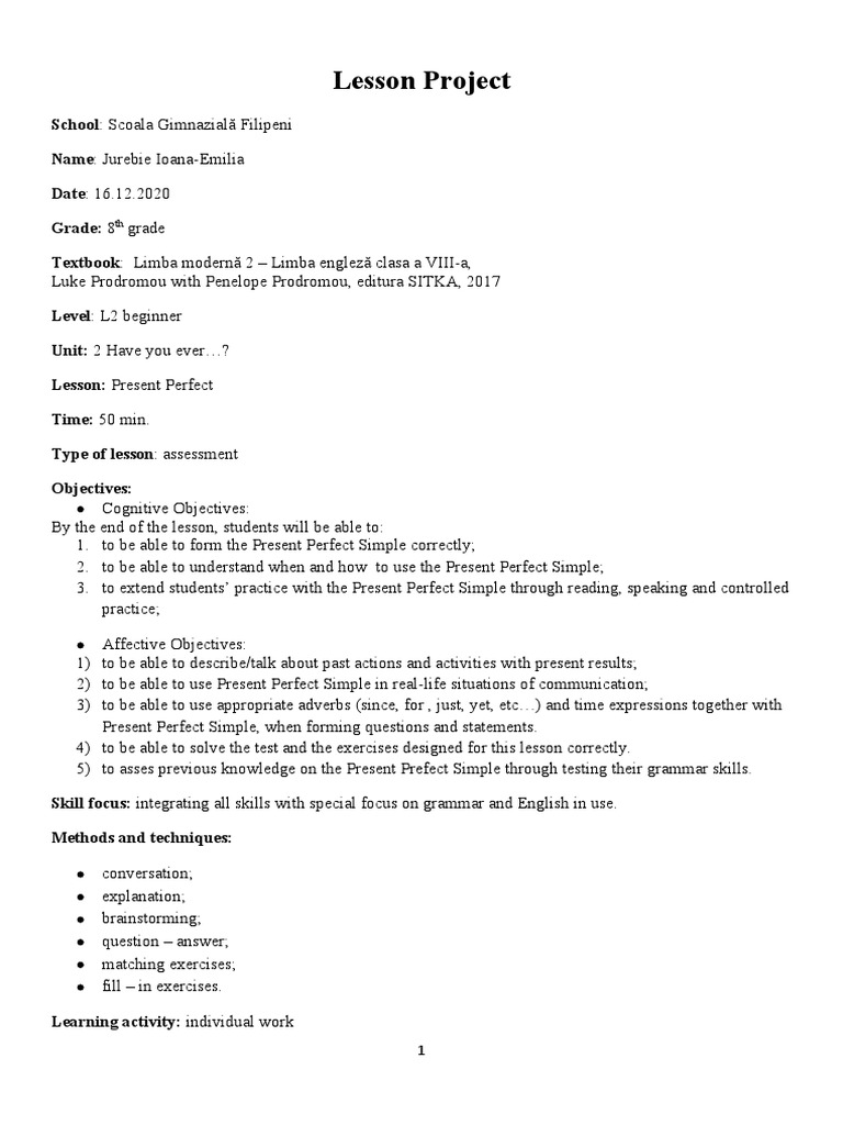 8th Grade Lesson Plan: Present Perfect | PDF | Homework | Teachers