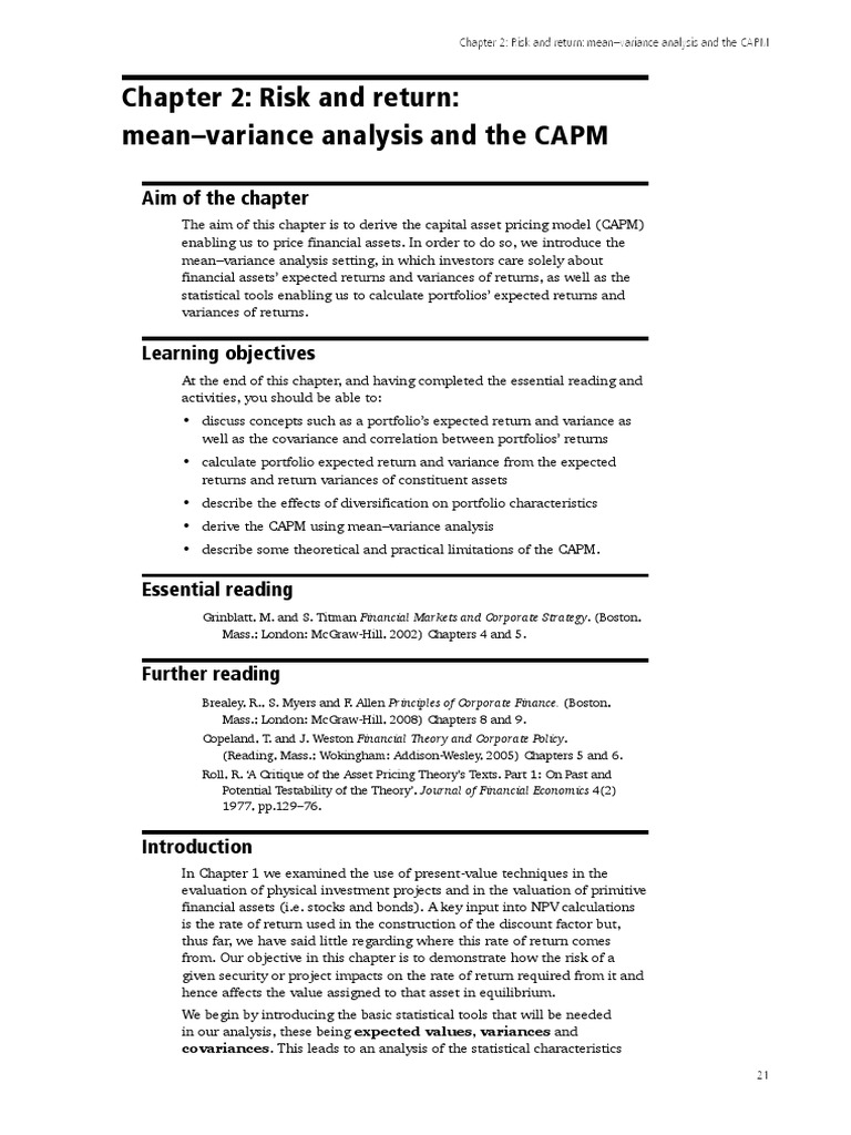 Chapter 2: Risk and Return: Mean-Variance Analysis and The CAPM | PDF ...