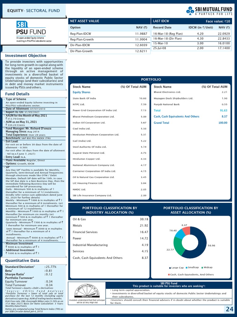 Sbi Psu Fund Factsheet (June-2021-137-1) | PDF | Investing | Stocks