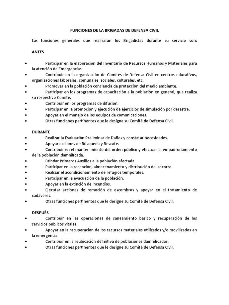 Funciones de La Brigadas de Defensa Civil | PDF