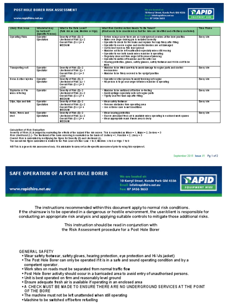 Post Hole Borer Risk Assessment: September 2015 //1 | PDF | Risk ...