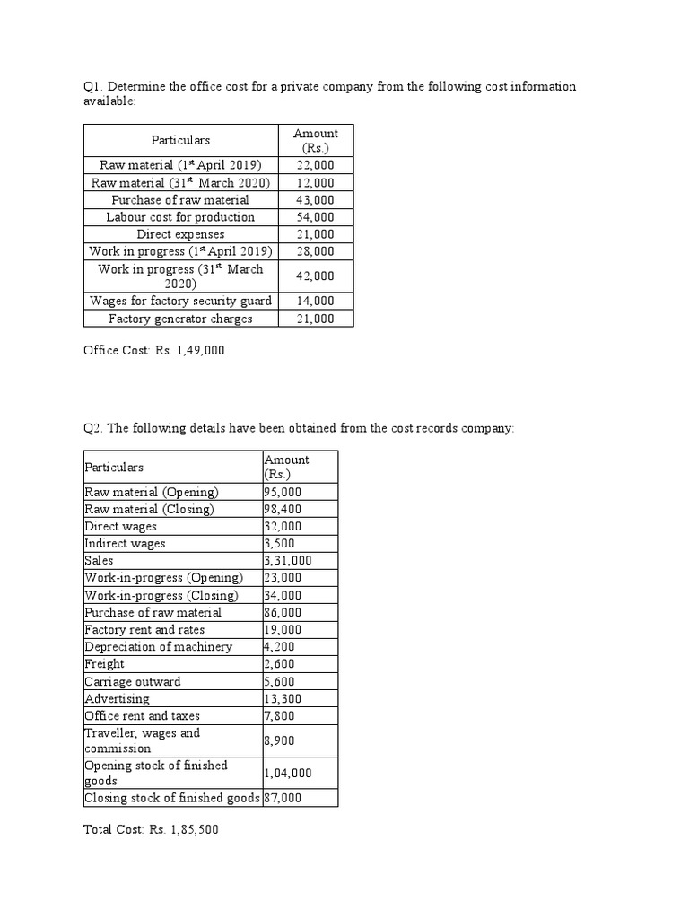Cost Sheet Preparation Problems | PDF