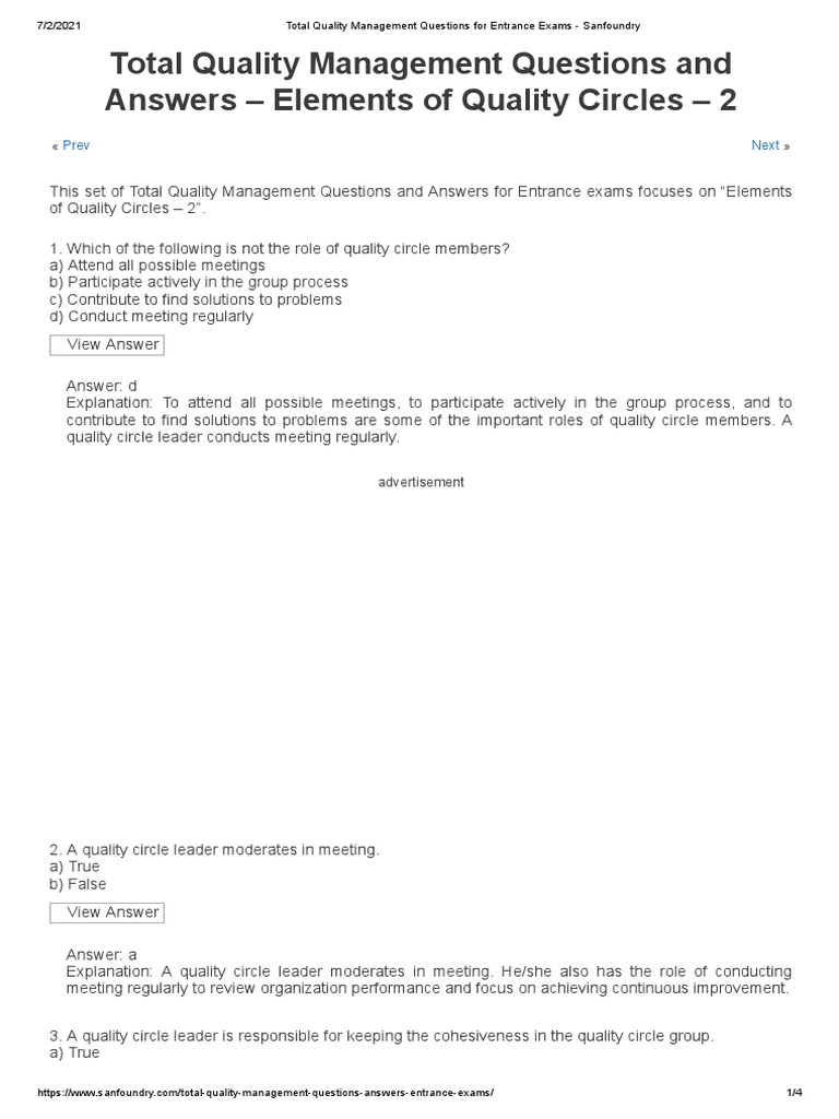 Total Quality Management Questions For Entrance Exams | PDF | Quality ...