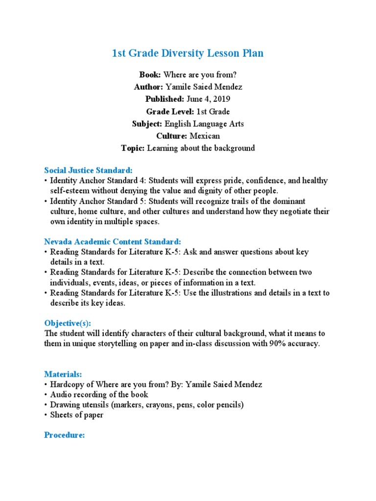 1st Grade Diversity Lesson Plan | PDF | Lesson Plan | Cognition