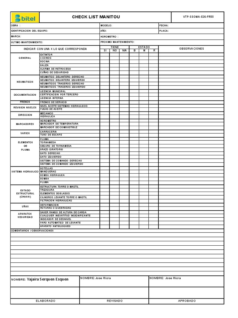 Check List Manitou | Descargar gratis PDF | Vehículo de motor | Vehículos