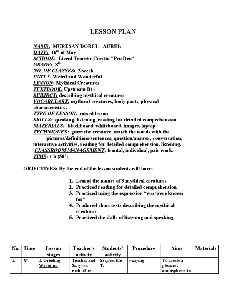 LESSON PLAN-Mythical Creatures | PDF | Reading Comprehension | Teaching
