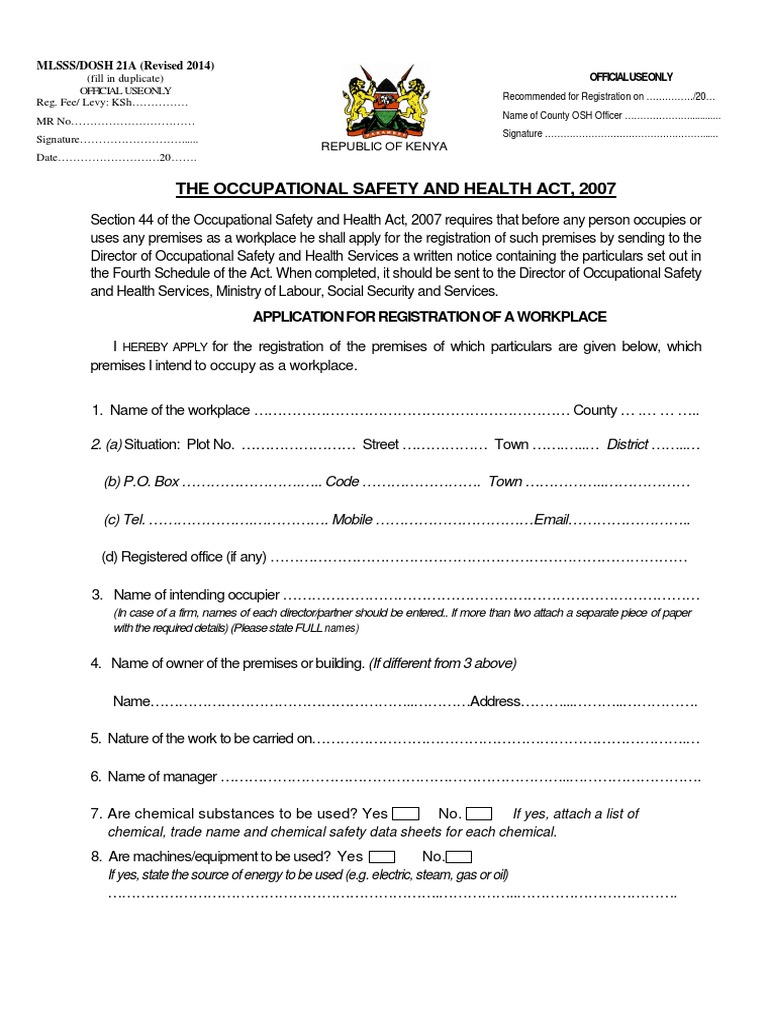 DOSH 21A Revised 2018 Workplace Registration Form | PDF | Occupational Safety And Health | Business