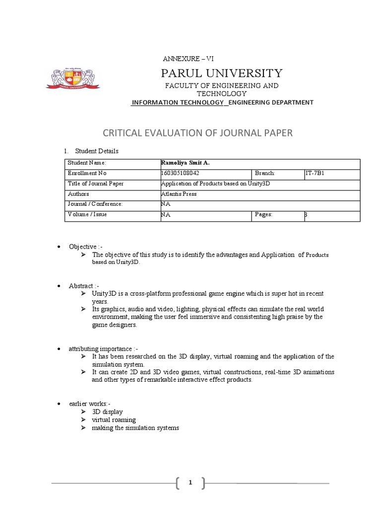 Parul University: Critical Evaluation of Journal Paper | PDF | 3 D ...