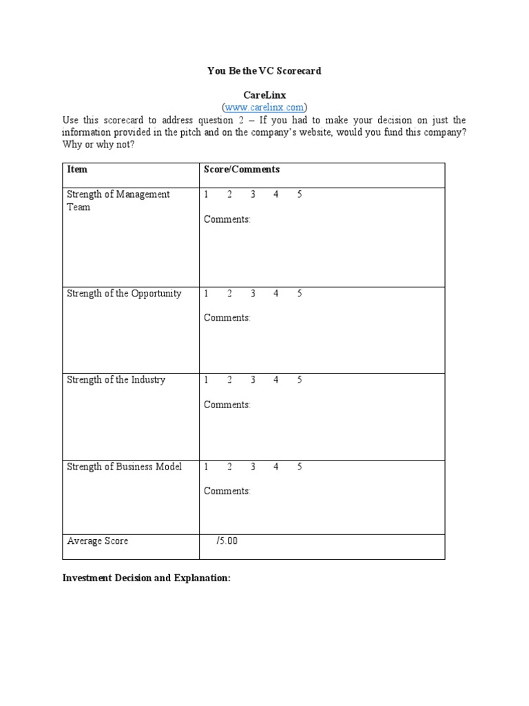 You Be The VC Scorecard - Handout | PDF