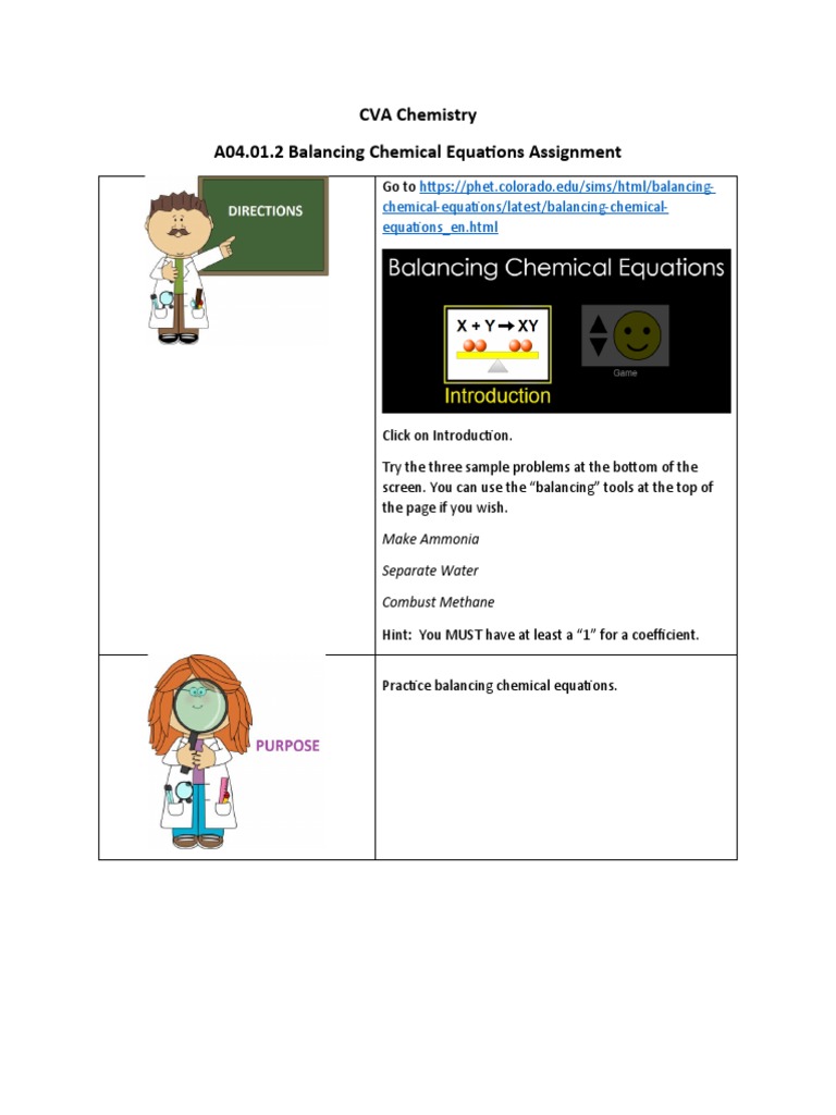 CVA Chemistry A04.01.2 Balancing Chemical Equations Assignment | PDF