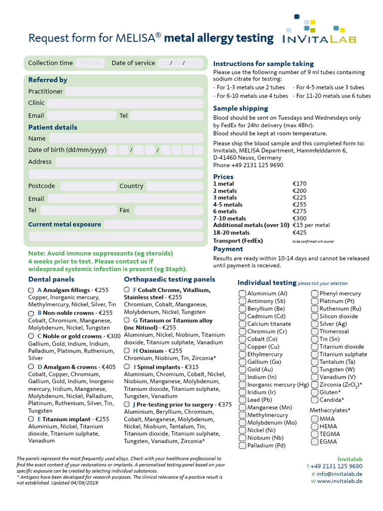Request Form For MELISA Metal Allergy Testing: Instructions For Sample ...