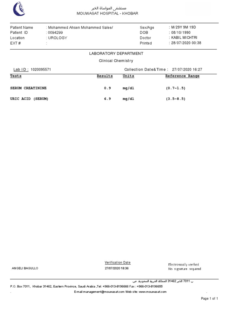 Lab Test Report For Uric Acid | PDF