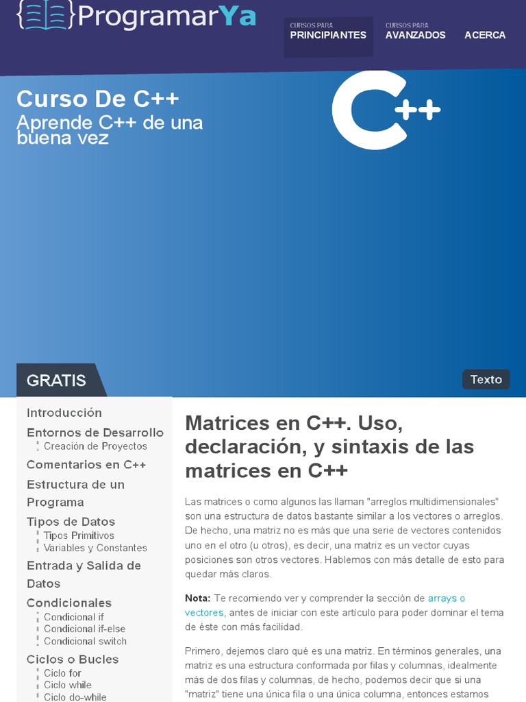 Matrices en C++. Declaración - Uso y Sintaxis en C++ | PDF | Estructura ...