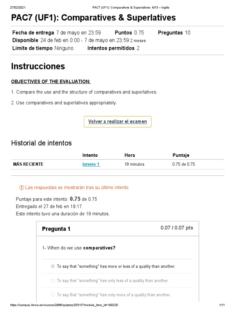 PAC7 (UF1) : Comparatives & Superlatives: Historial de Intentos | PDF ...