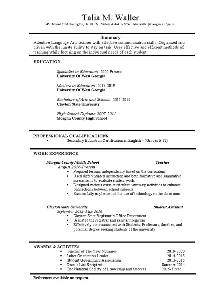 Talia Waller Resume | PDF | Differentiated Instruction | Teachers