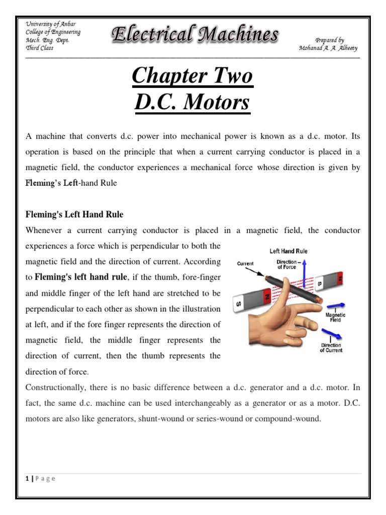 Chapter Two D.C. Motors: Fleming's Left Hand Rule | PDF | Electric ...