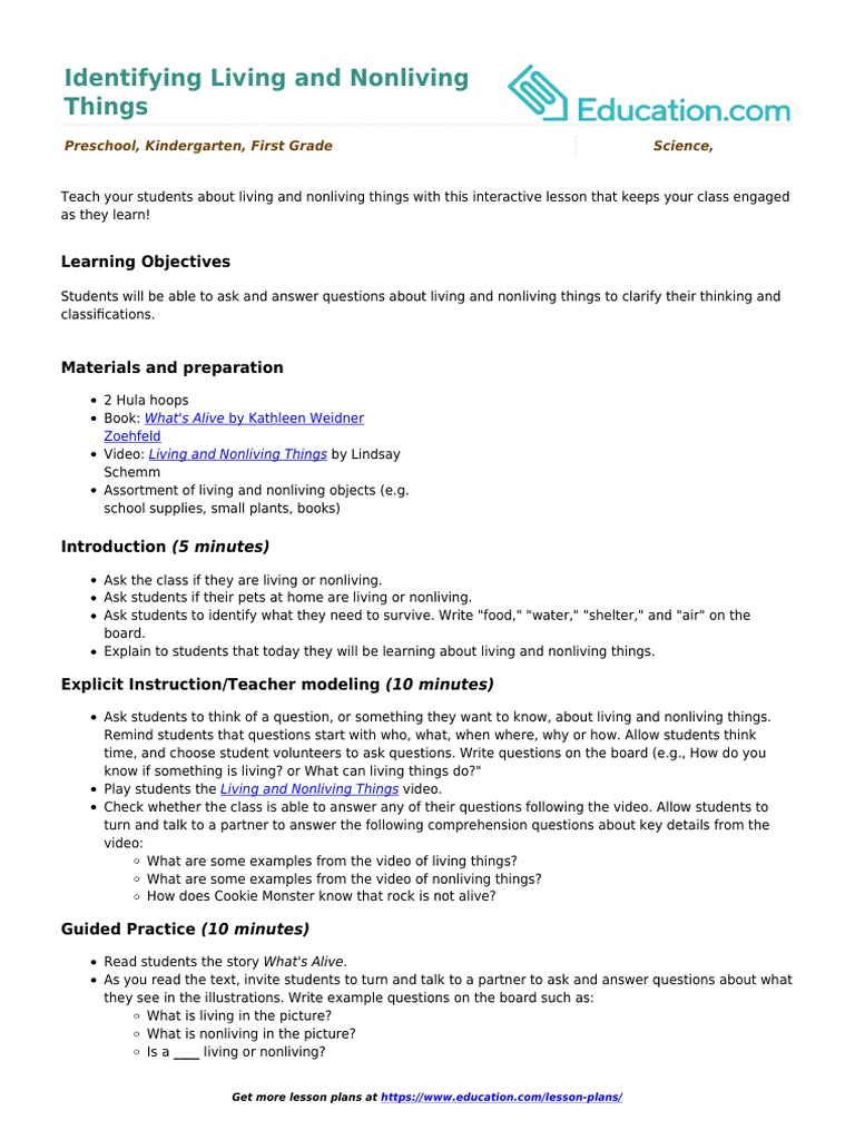 Living and Nonliving Things | PDF | Lesson Plan | Question