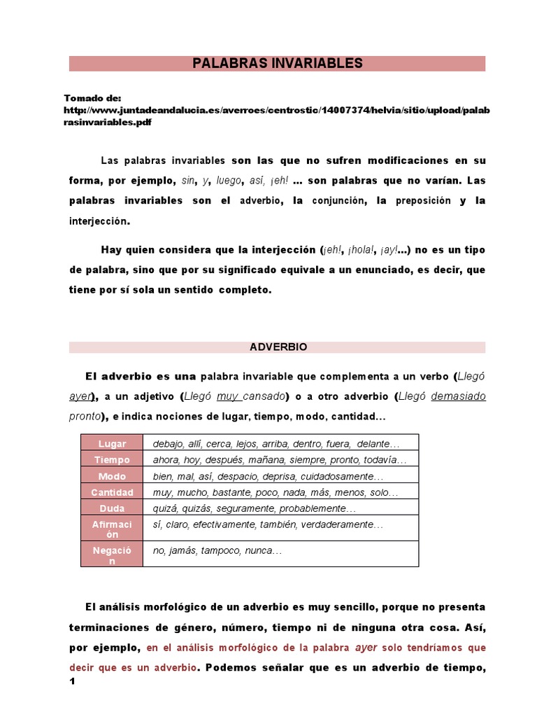 Palabras Invariables | PDF | Adverbio | Palabra