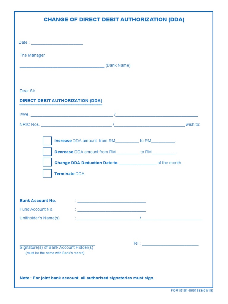 Change of Direct Debit Authorization (Dda) : (Must Be The Same With ...
