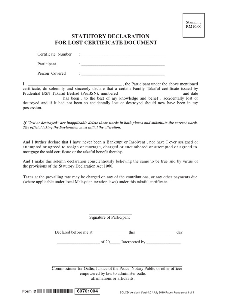 Statutory Declaration For Lost Certificate Document | PDF | Confidentiality | Notary Public